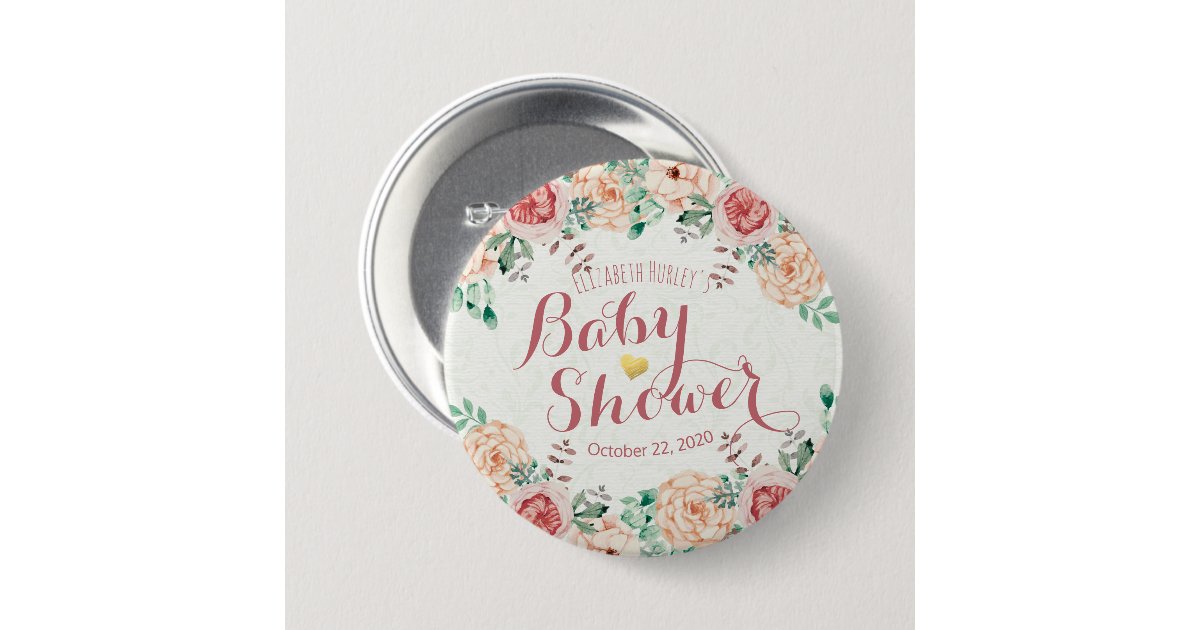 Baby Shower Elegant Chic Pink Watercolor Floral Pinback Button | Zazzle