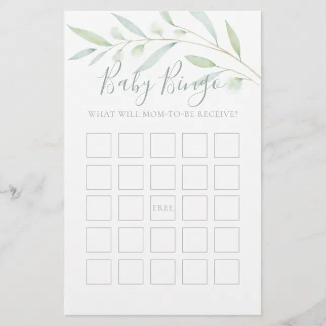 Baby Shower Game Baby Bingo Greenery Watercolor | Zazzle