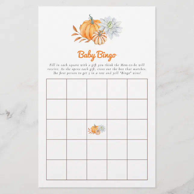 Baby Shower Game Bingo Little Pumpkin Fall Cute Flyer | Zazzle