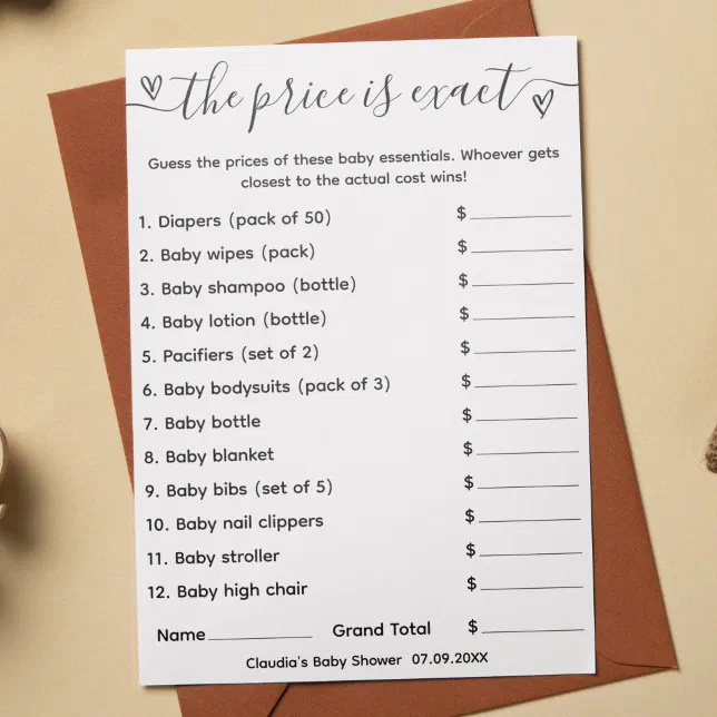 Baby Shower Game Guess The Price is Exact Card | Zazzle