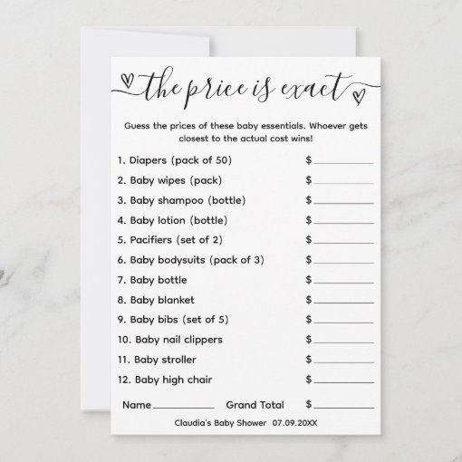 Baby Shower Game Guess The Price is Exact Card | Zazzle