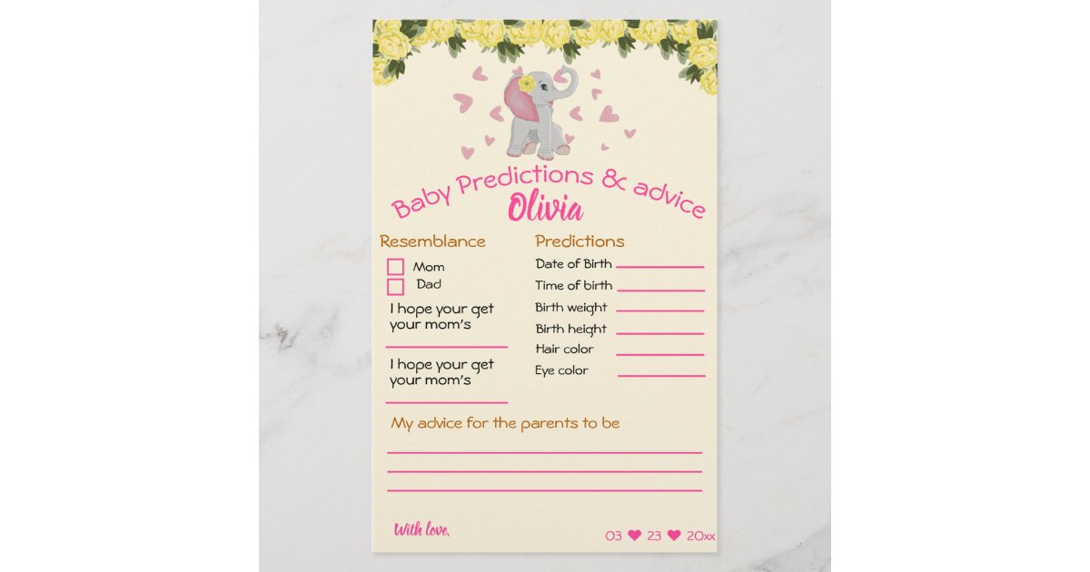 baby shower game pink and grey elephant cards | Zazzle