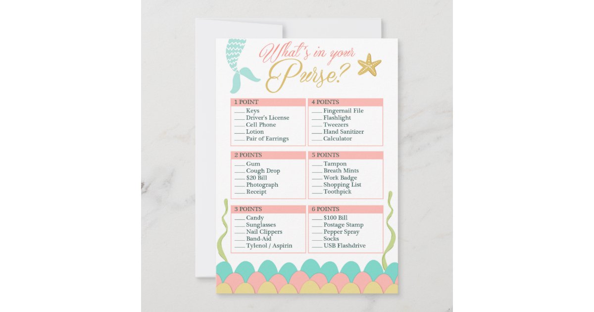 Baby Shower Game Whats in Your Purse Mermaid Coral | Zazzle