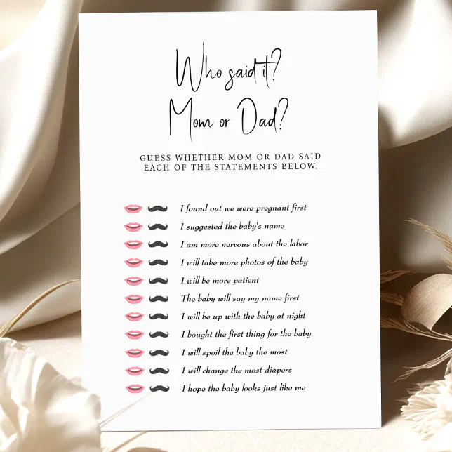 Baby Shower Game Who Said It? Mom or Dad? | Zazzle