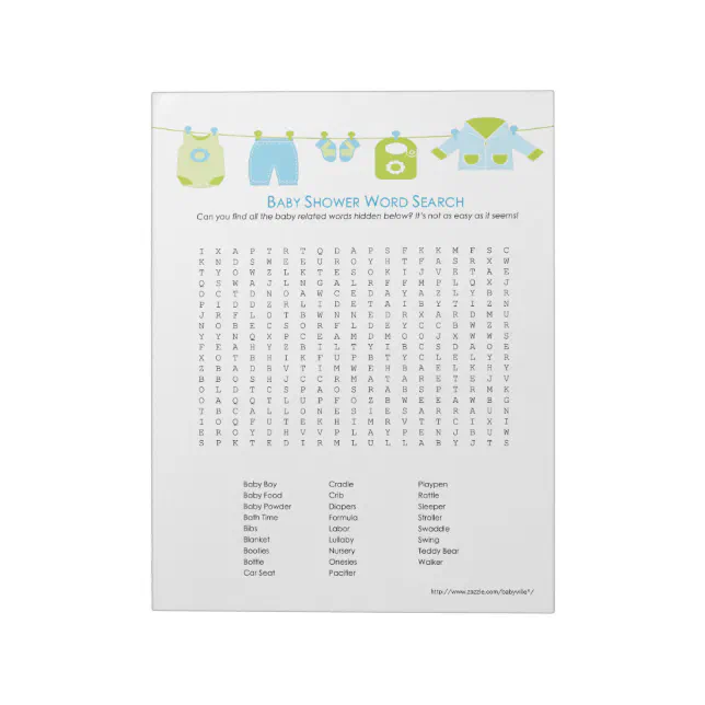 Baby Shower Game Word Search Notepad (Blue) | Zazzle