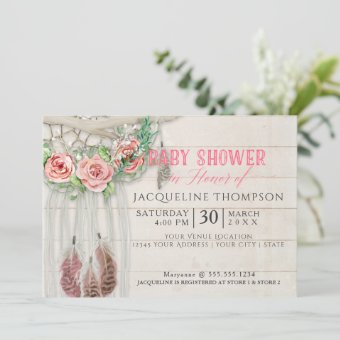 Baby Shower Girl BOHO Dream Catcher Shiplap Wood Invitation | Zazzle