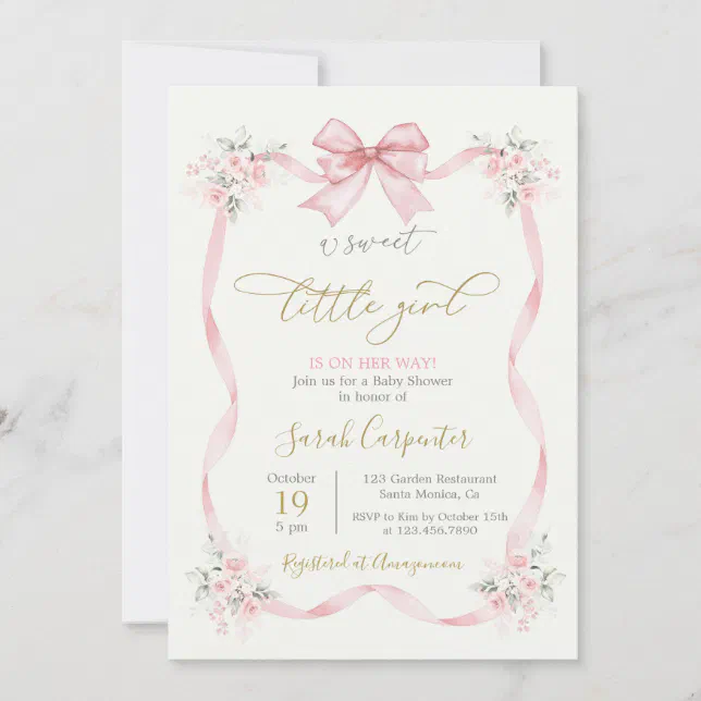 Baby Shower Girl pink bow Invitation | Zazzle