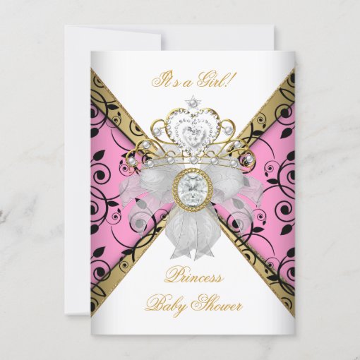 Baby Shower Girl Pink Princess Damask Black Invitation | Zazzle
