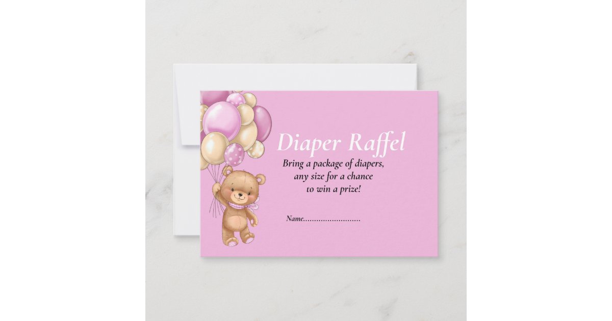 Baby Shower Girl Teddy Balloons Diaper Raffel Invitation | Zazzle