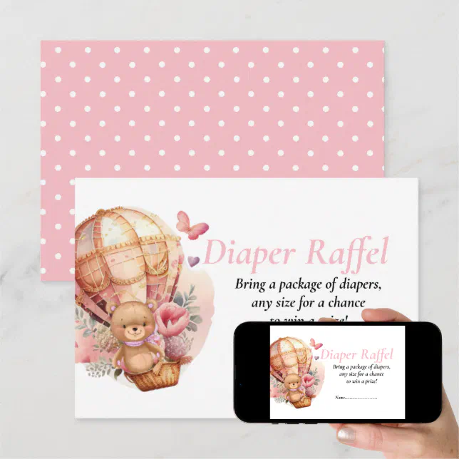 Baby Shower Girl Teddy Balloons Diaper Raffel Invitation | Zazzle