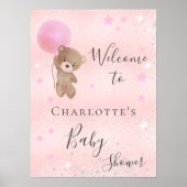 Baby shower girl teddy bear pink silver welcome poster | Zazzle