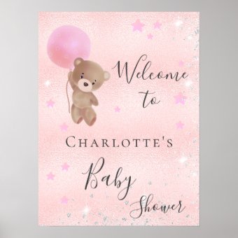 Baby shower girl teddy bear pink silver welcome poster | Zazzle