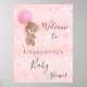 Baby shower girl teddy bear pink silver welcome poster | Zazzle