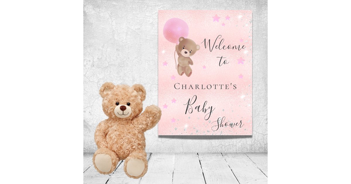 Baby shower girl teddy bear pink silver welcome poster | Zazzle
