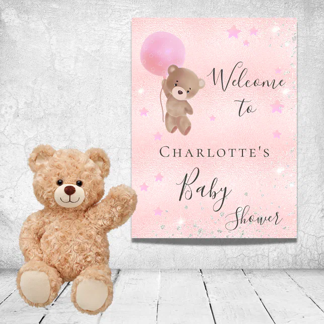 Baby shower girl teddy bear pink silver welcome poster | Zazzle