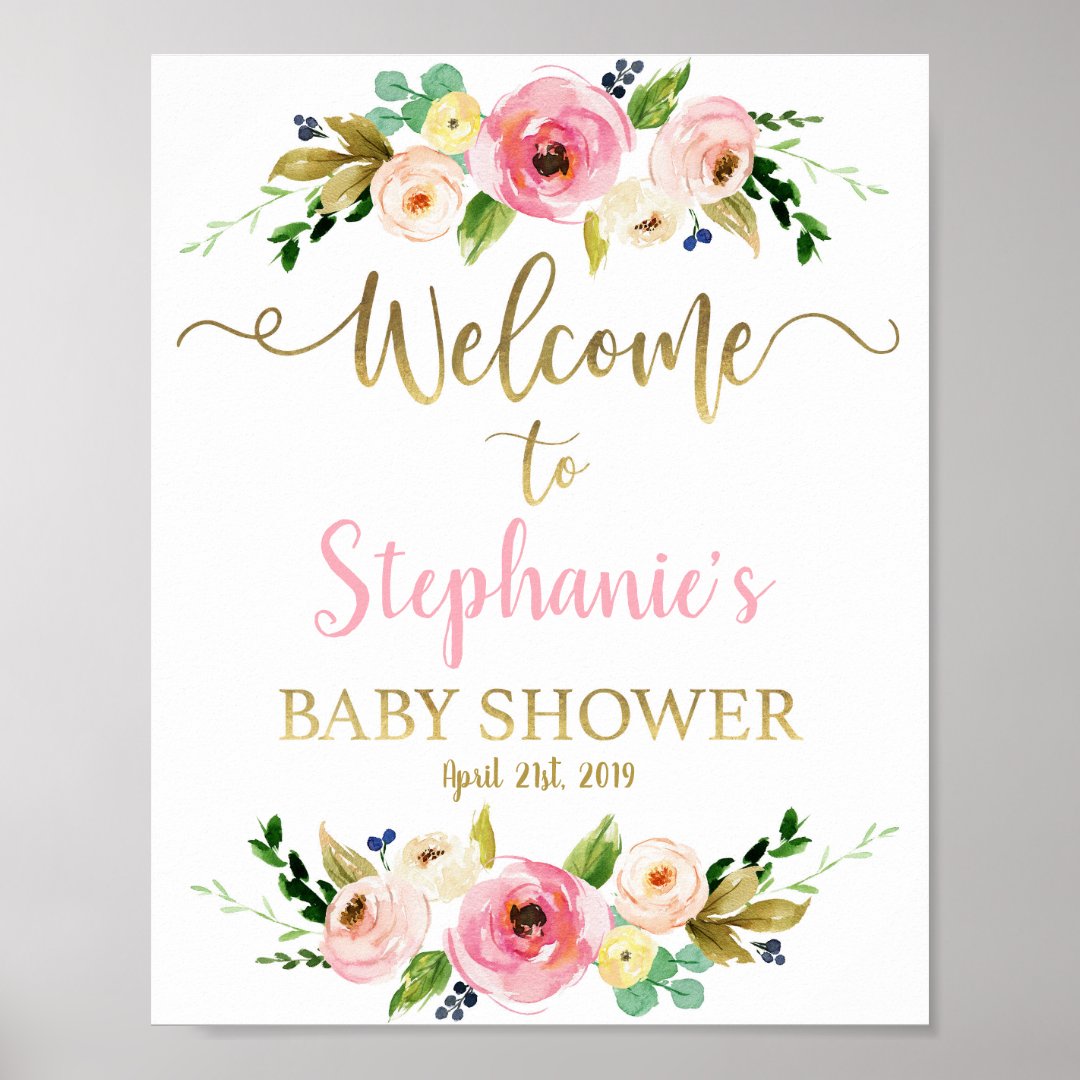 Baby shower girl welcome sign, floral girl poster | Zazzle