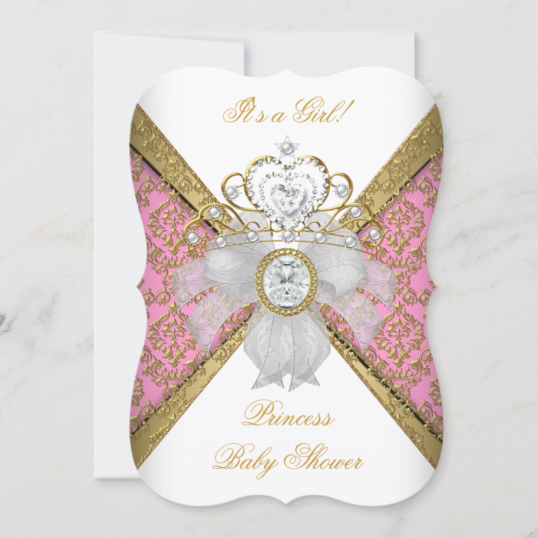 Baby Shower Girl White Pink Princess Damask B Invitation | Zazzle