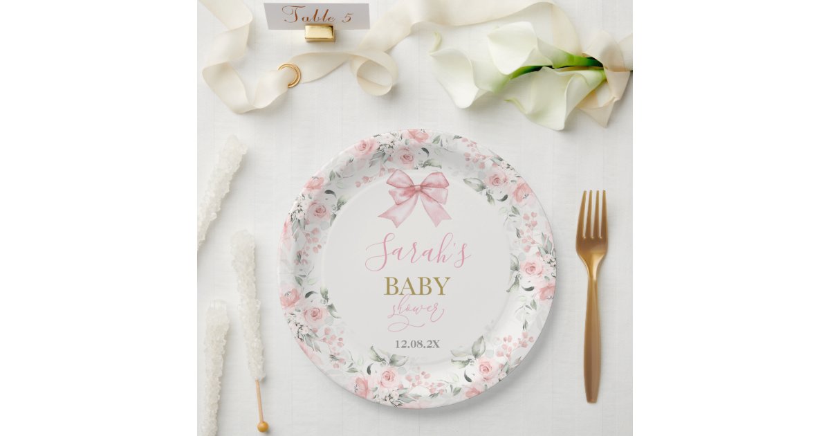 Baby Shower Girl with bow Paper Plates | Zazzle