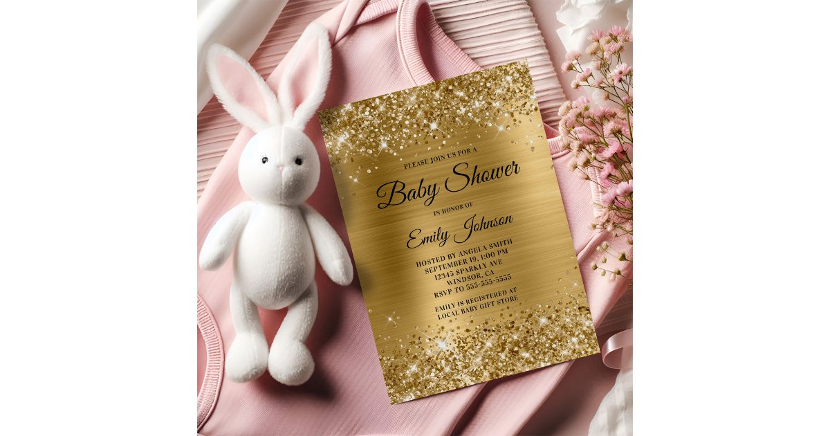 Baby Shower Gold Glittery Foil Fancy Script Invitation | Zazzle