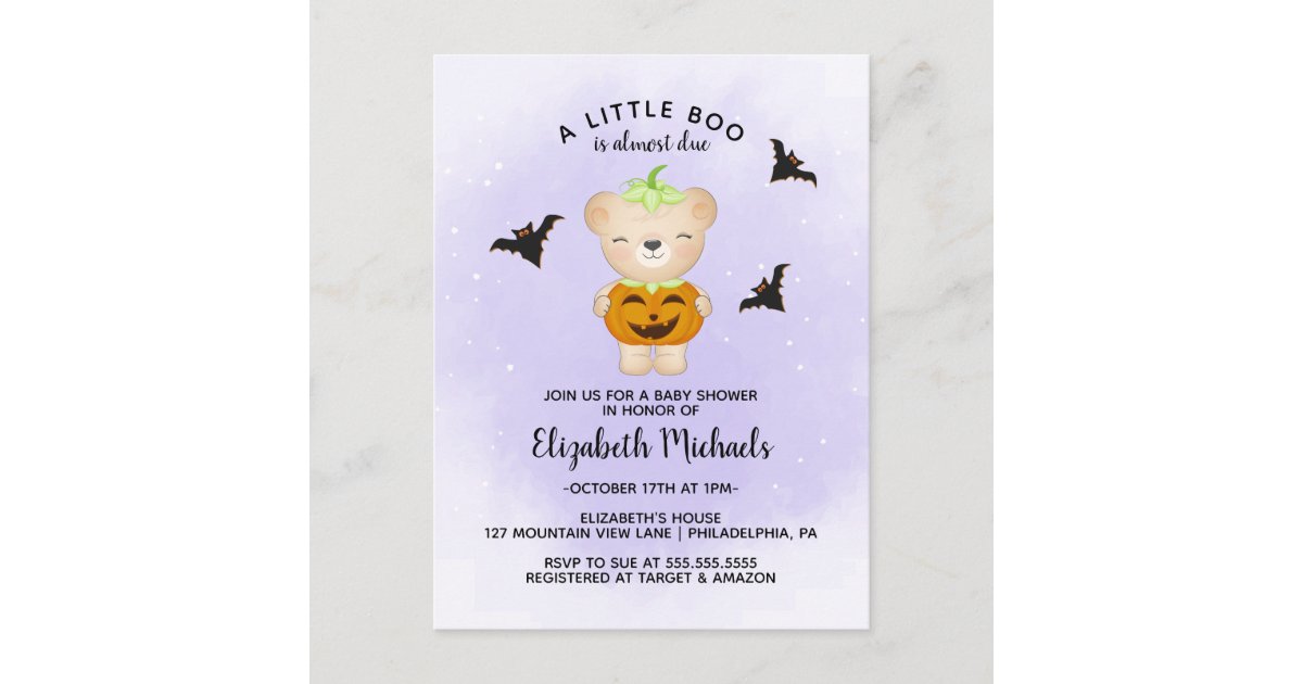 BABY SHOWER HALLOWEEN | A Little Boo Is Due Postcard | Zazzle