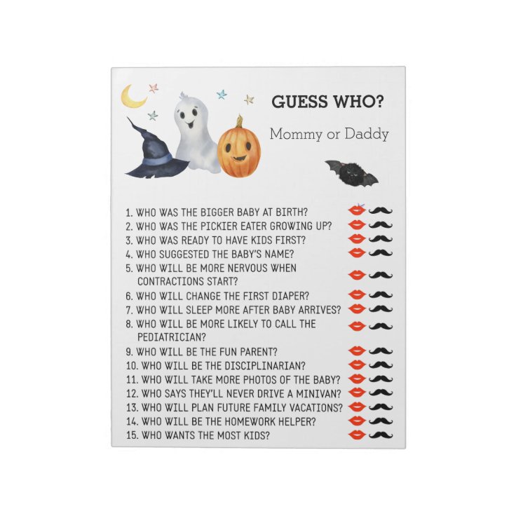 Baby Shower Halloween Ghost Guess Who Notepad | Zazzle