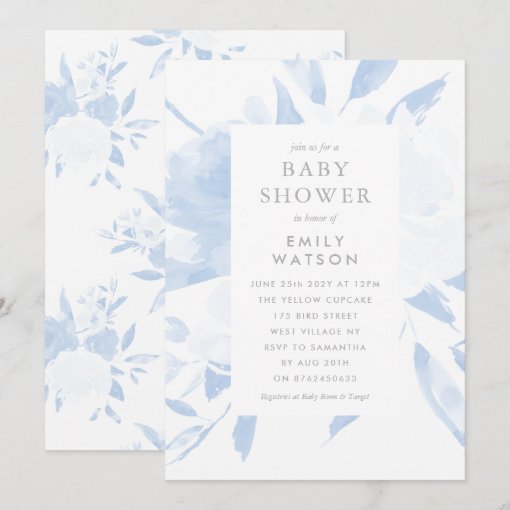 Baby Shower Invitation Blue Floral Watercolor | Zazzle
