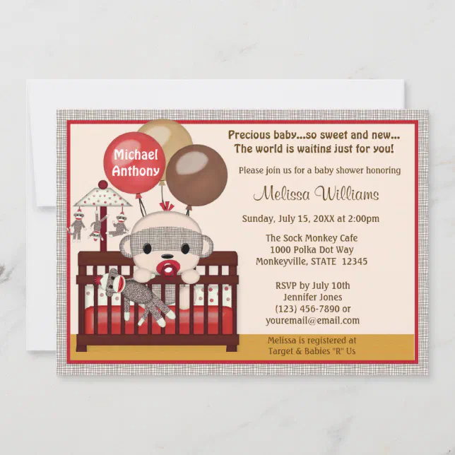 Baby Shower invitation BOY Sock MONKEY Crib SMC-B | Zazzle