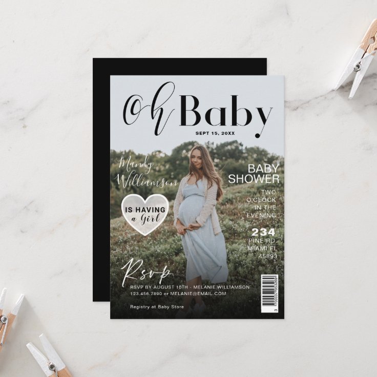 Baby Shower Magazine Photo Cover It's A girl Invitation | Zazzle