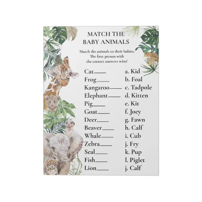 Baby Shower Match Game Jungle Safari Animals Notepad | Zazzle