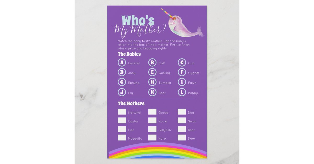 Baby shower narwhal word search match game flyer | Zazzle