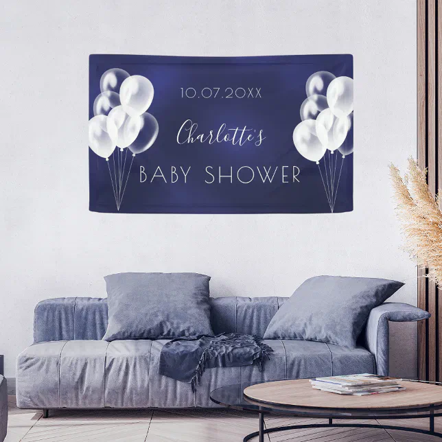 Baby Shower navy blue boy white balloons Banner | Zazzle