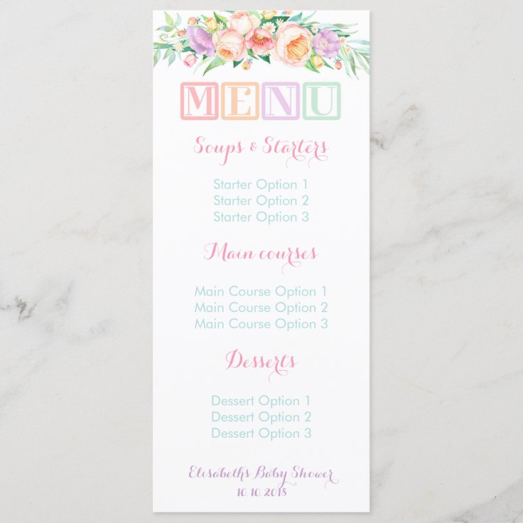 Baby Shower Pastel Sherbet Floral Menu Cards | Zazzle