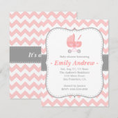 Baby Shower - Pink and White Chevron with Stroller Invitation | Zazzle