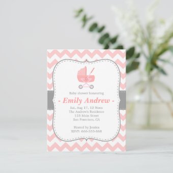 Baby Shower - Pink and White Chevron with Stroller Invitation | Zazzle