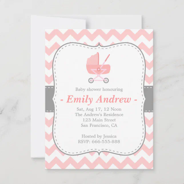Baby Shower - Pink and White Chevron with Stroller Invitation | Zazzle