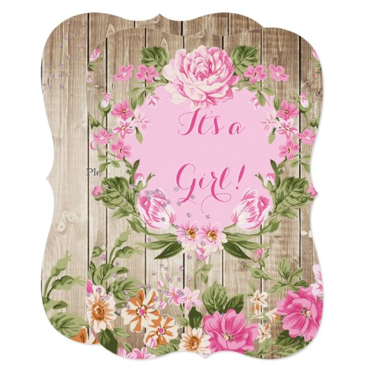 Baby Shower Pink Floral Rustic Wood Girl Invitation | Zazzle.com