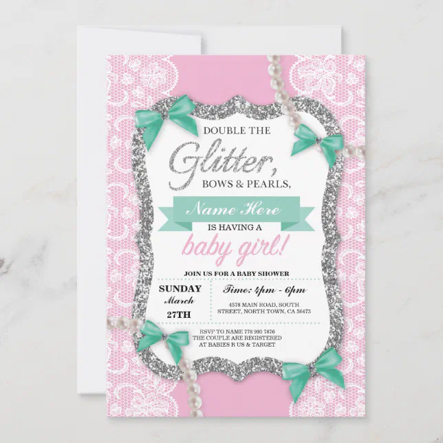 Baby Shower Pink Lace Glitter Bow Girl Mom Invite | Zazzle