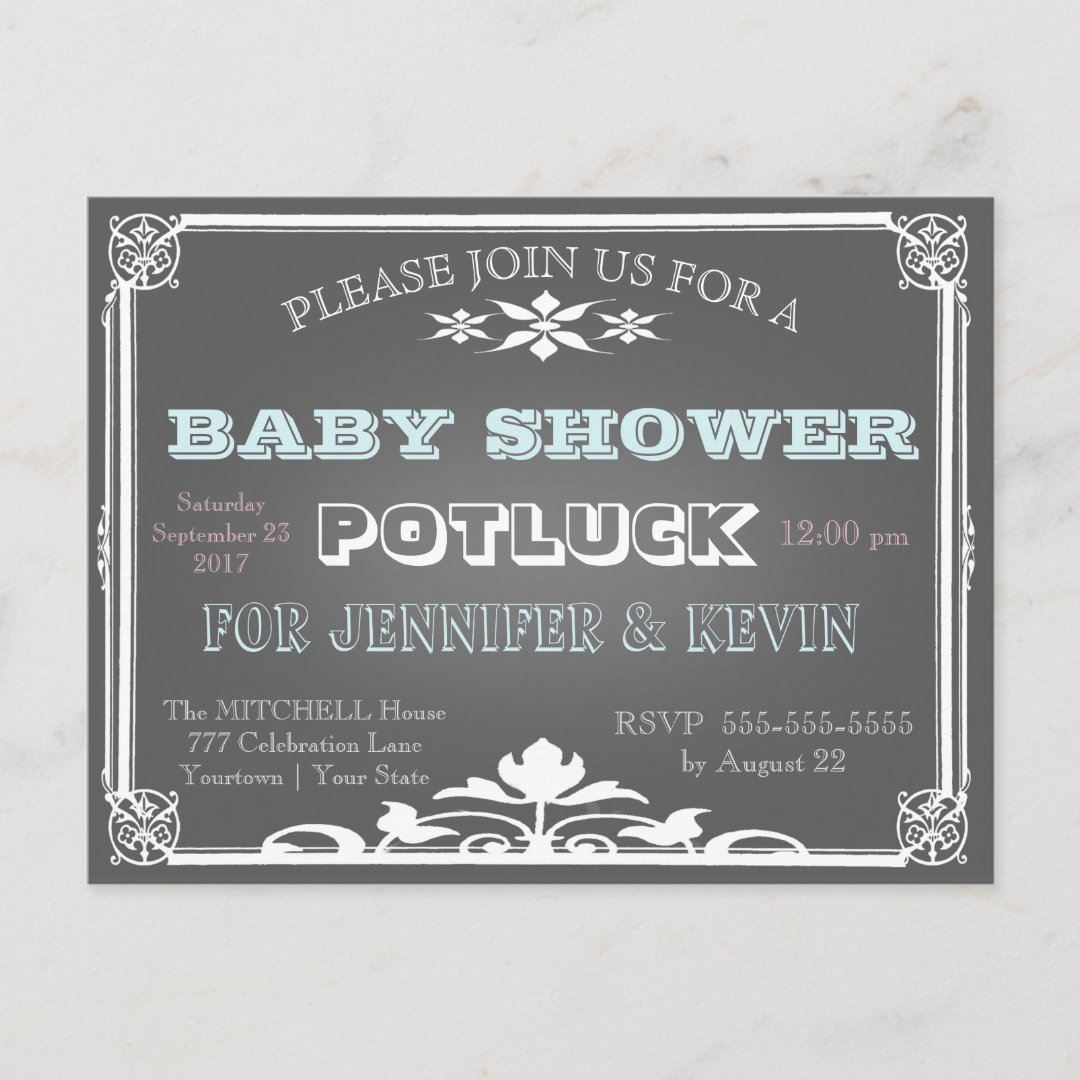 Baby Shower | POTLUCK | Chalkboard Invitation Postcard | Zazzle