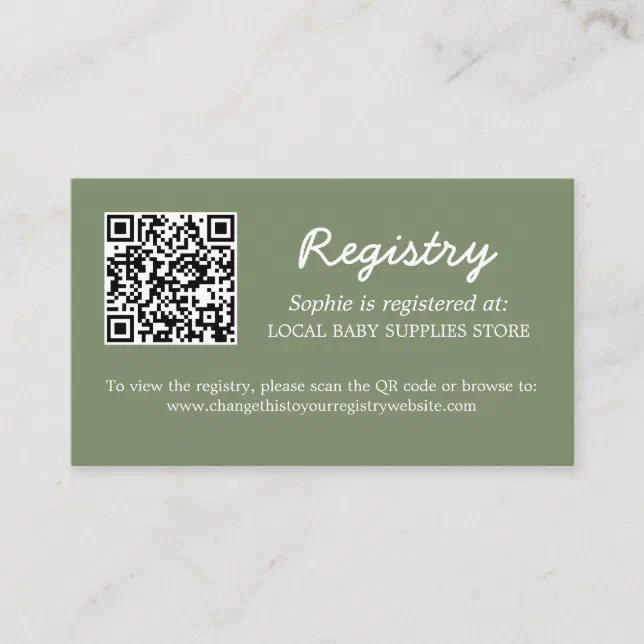 Baby Shower Registry QR Code Sage Green Enclosure Card | Zazzle