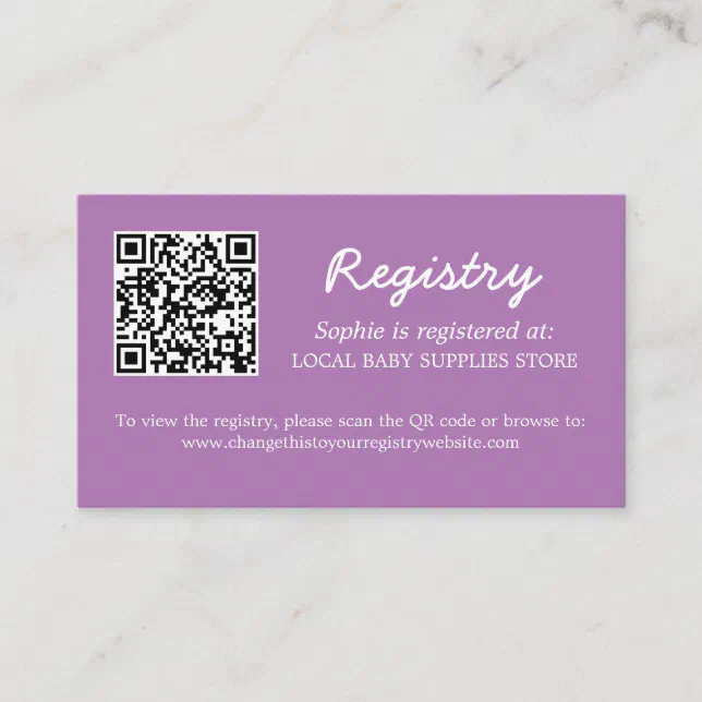 Baby Shower Registry QR Code Soft Purple Enclosure Card | Zazzle