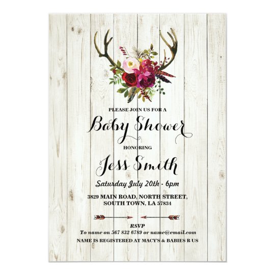 Baby Shower Rustic Antler Floral Wood Party Invite | Zazzle.com