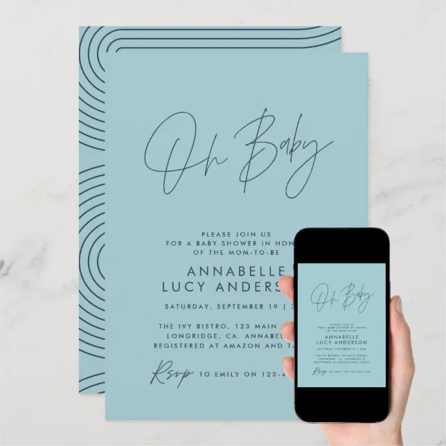 Baby shower script modern baby blue stylish invitation | Zazzle