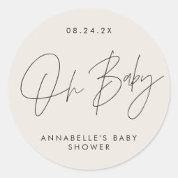 Baby shower script modern black white elegant classic round sticker ...