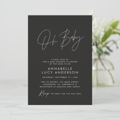 Baby shower script modern black white elegant invitation | Zazzle