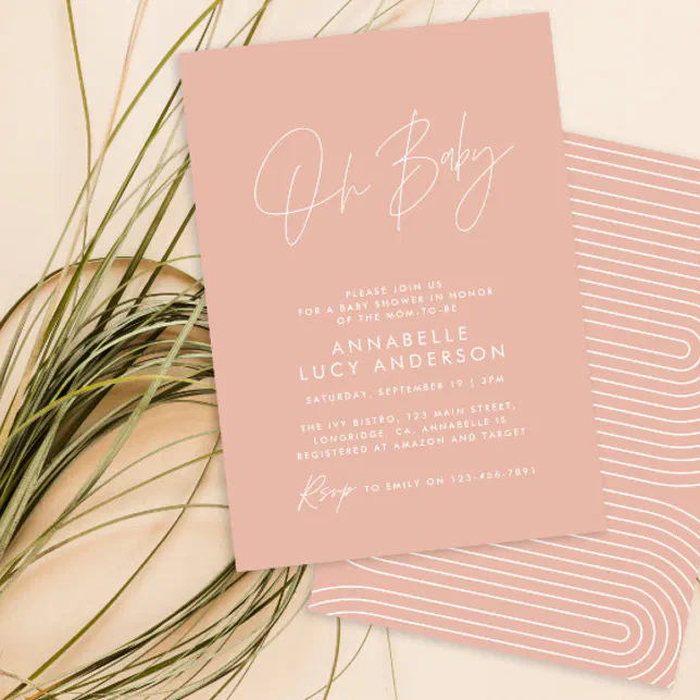 Baby shower script modern blush pink elegant invitation | Zazzle
