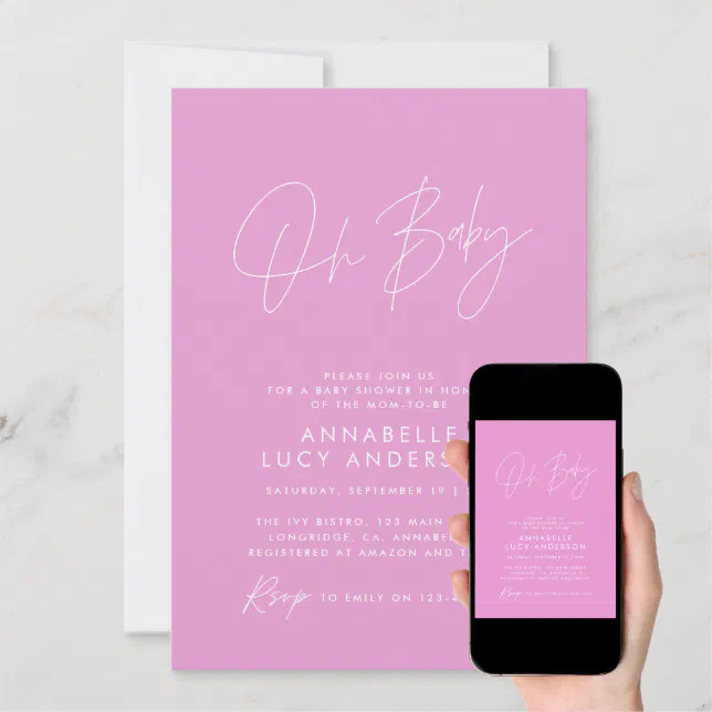 Baby shower script modern bold pink elegant photo invitation | Zazzle