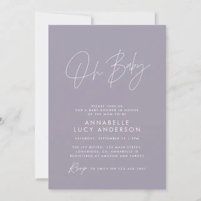 Baby shower script modern elegant lilac purple invitation | Zazzle