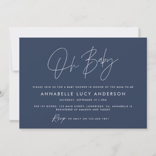 Baby shower script modern navy blue boho invitation | Zazzle