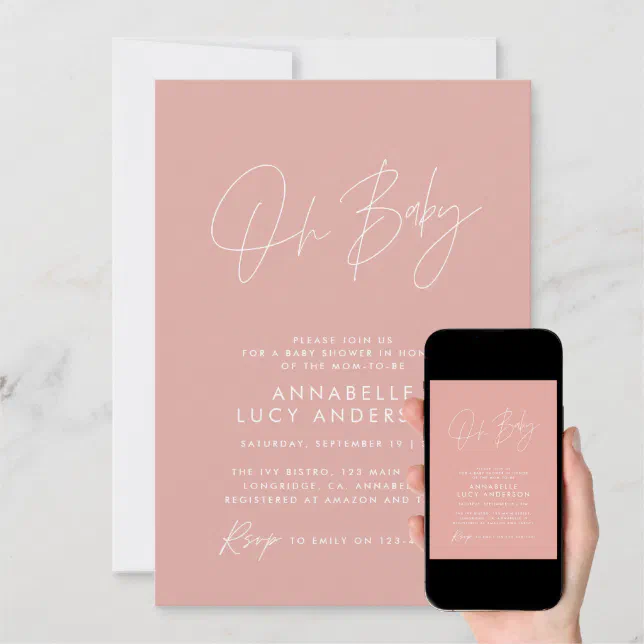 Baby shower script modern rose pink elegant photo invitation | Zazzle