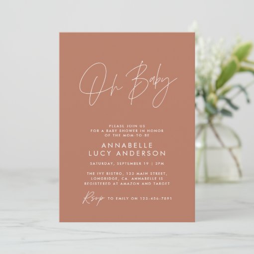 Baby shower script modern terracotta elegant invitation | Zazzle
